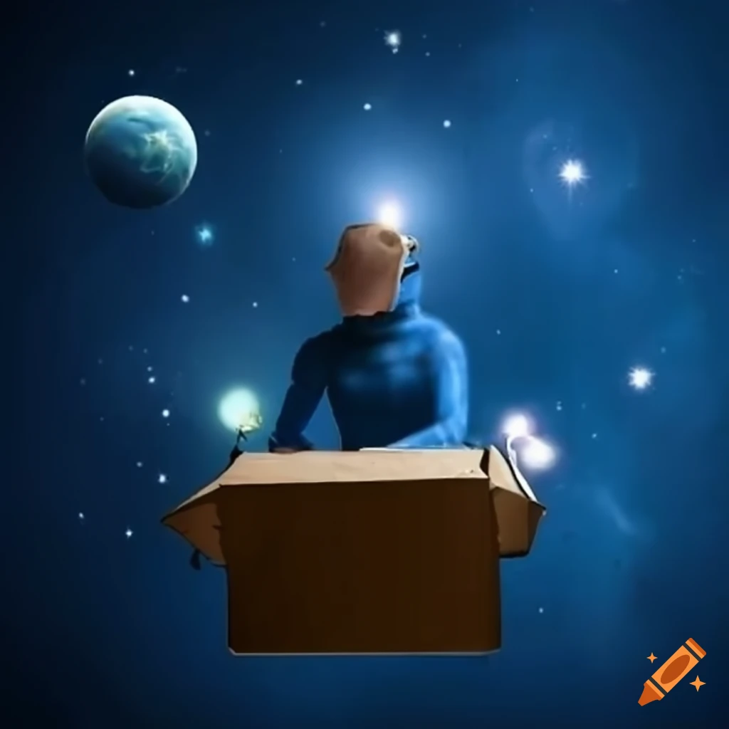 Surreal artwork of man packaging the universe on Craiyon