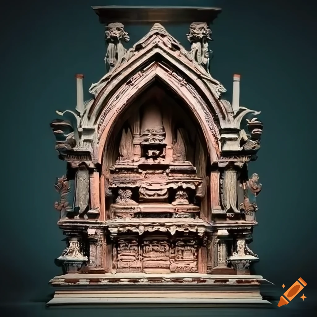 Detailed carving of a tank on a shrine on Craiyon