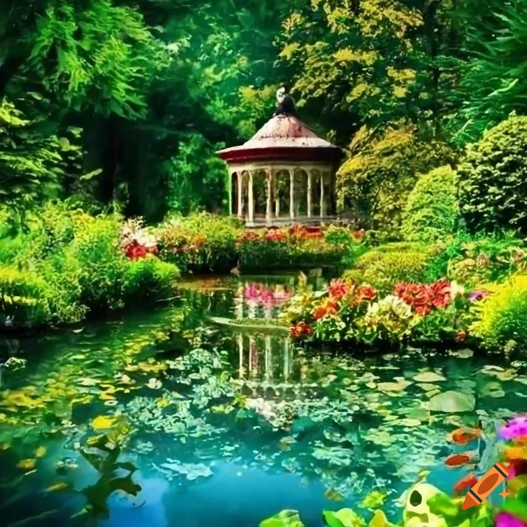 Islamic art-inspired garden with a pond and gazebo on Craiyon