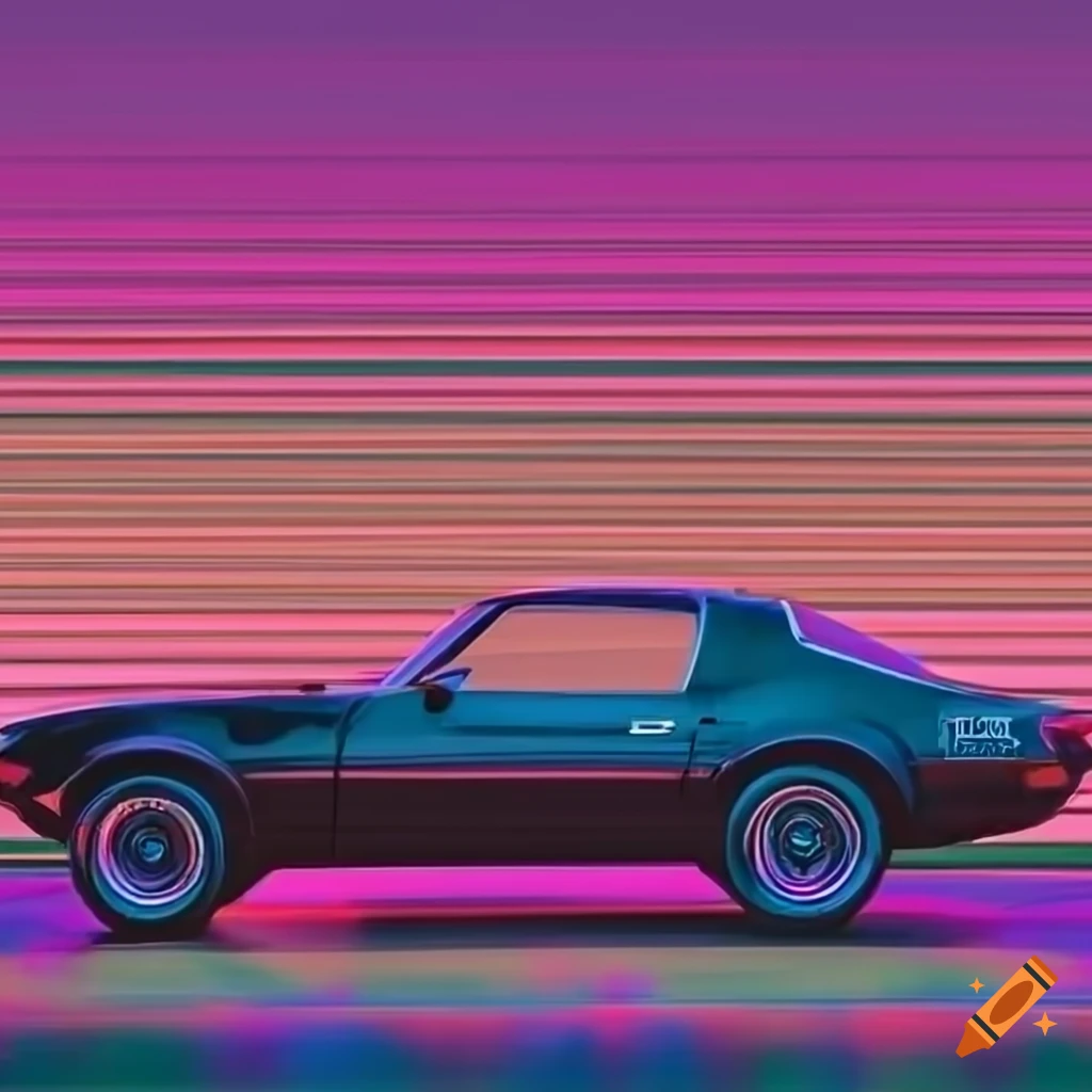 Vaporwave style black Chevrolet Camaro racing across Saturn's rings on ...