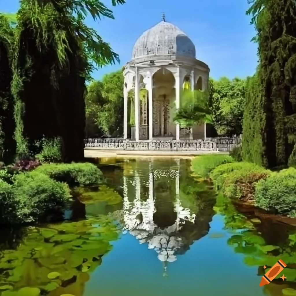 Islamic Art in a garden with a pond and gazebo on Craiyon