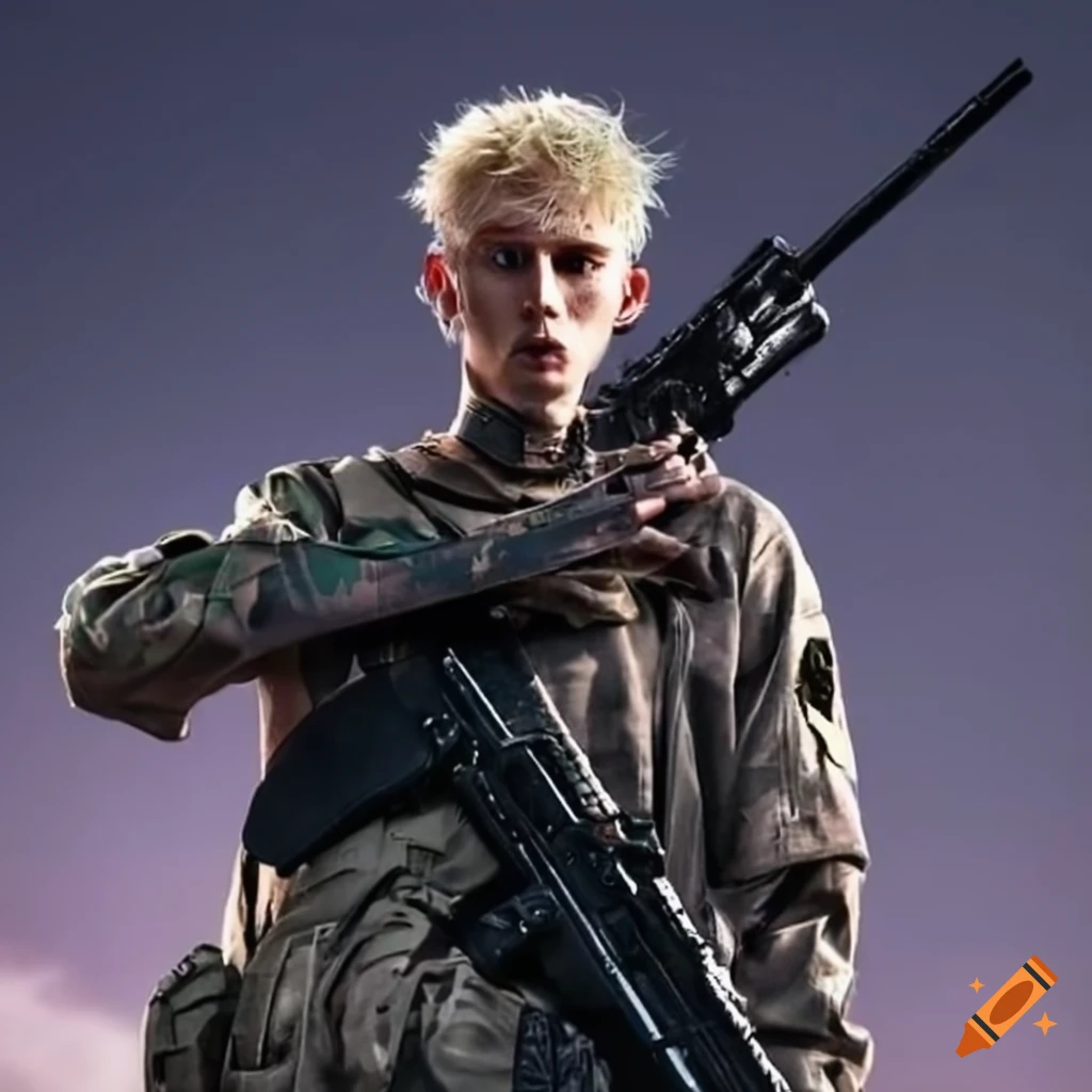 Machine gun kelly dressed up as a soldier in the battlefield on Craiyon