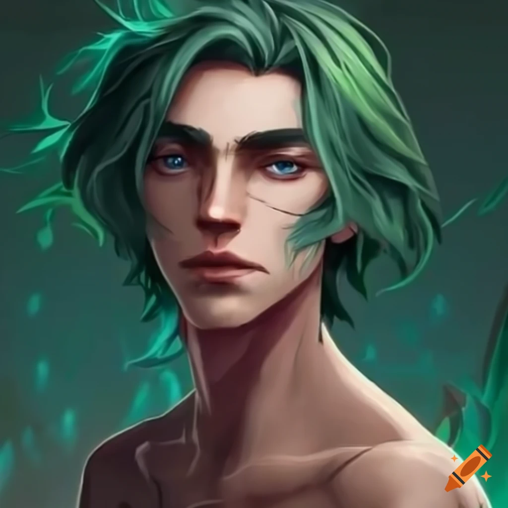 Illustration of a male character with nature-based powers on Craiyon