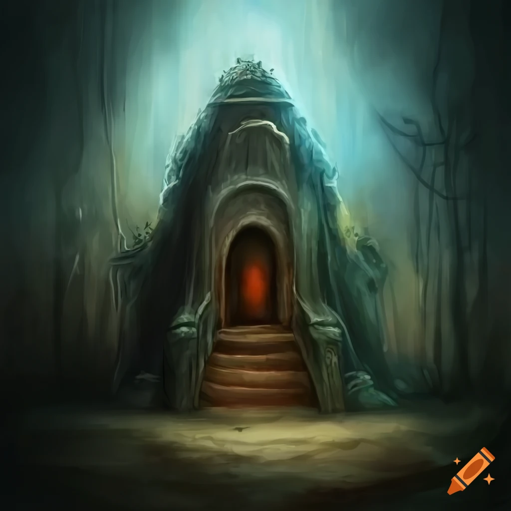 Painting of a crypt filled with stone coffins on Craiyon