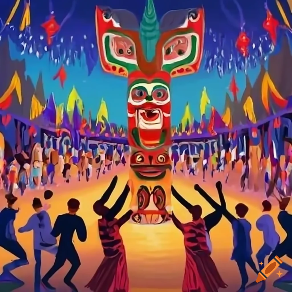 Energetic dance around a totem at a festive gathering on Craiyon