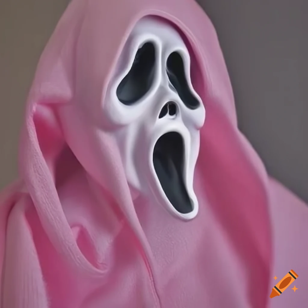 Scream's ghost wearing pink robes inside Barbie box on Craiyon