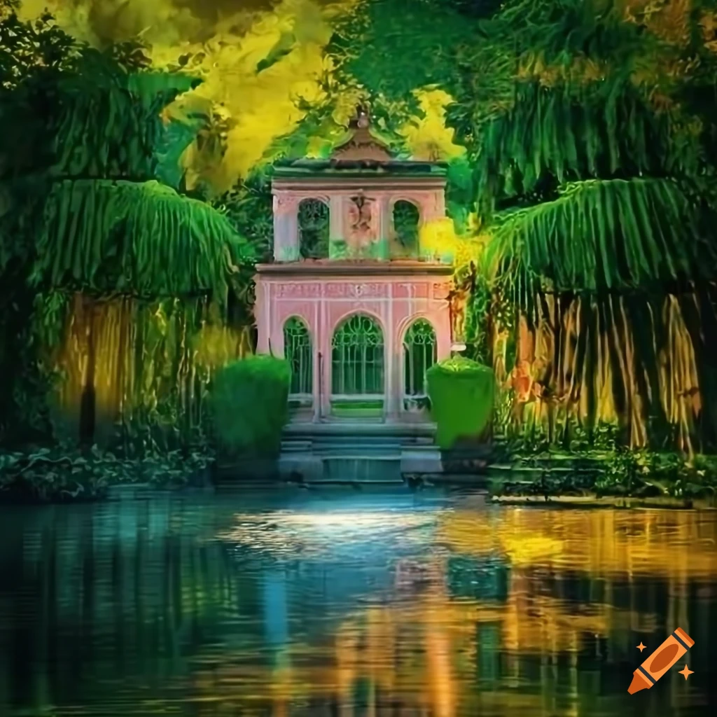 Islamic art inspired garden with pond and gazebo on Craiyon