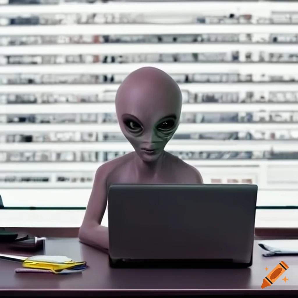 Humorous image of alien working at help desk on Craiyon