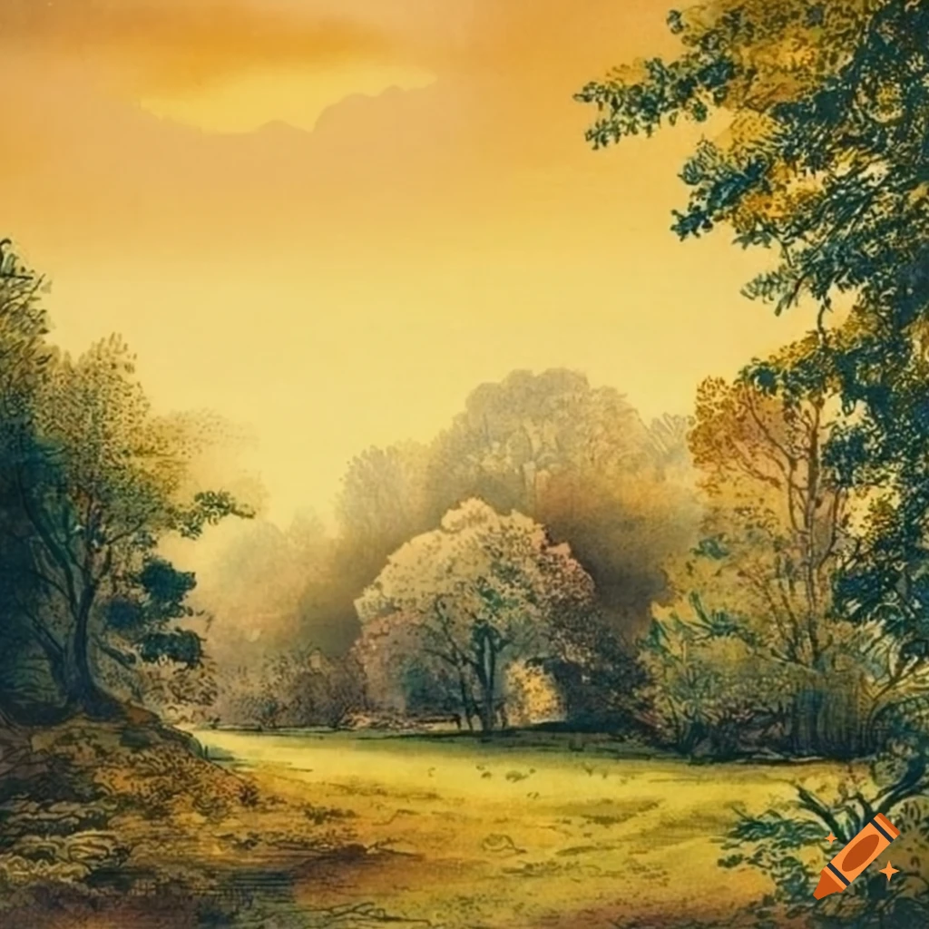 Vintage colorful drawing of a peaceful countryside field on Craiyon