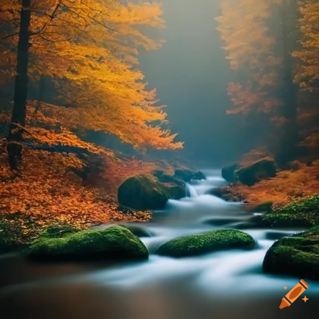 A misty morning in the forest with a flowing stream