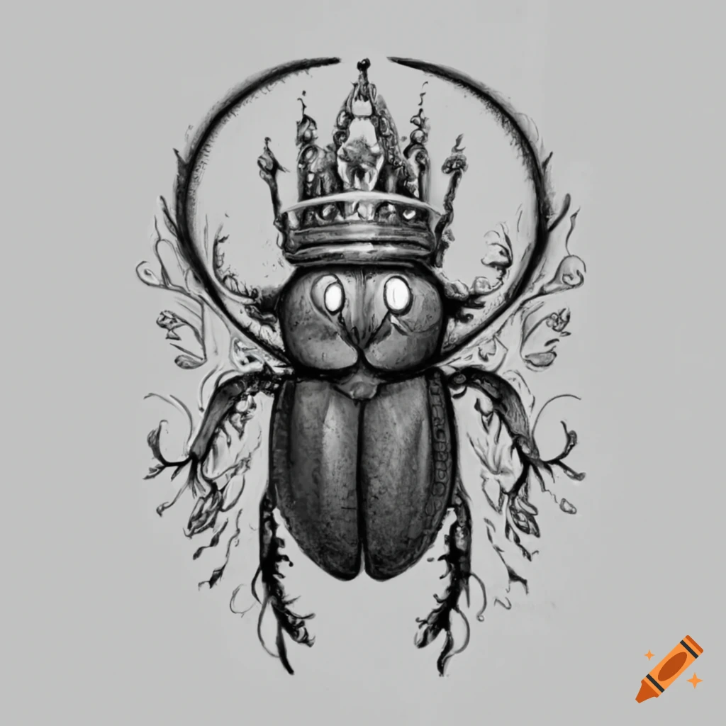 Artistic depiction of a beetle wearing a crown on a throne