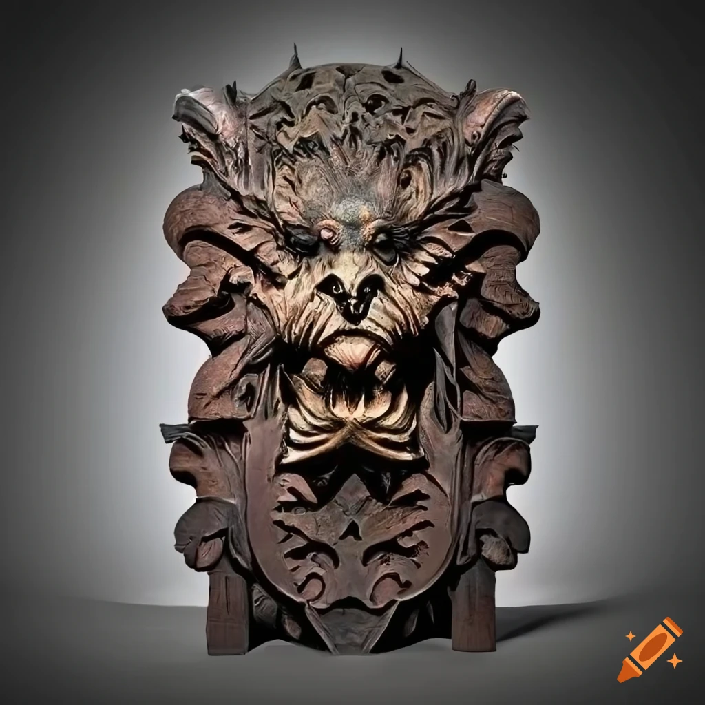 Detailed carving of a moth in architectural stave style on Craiyon