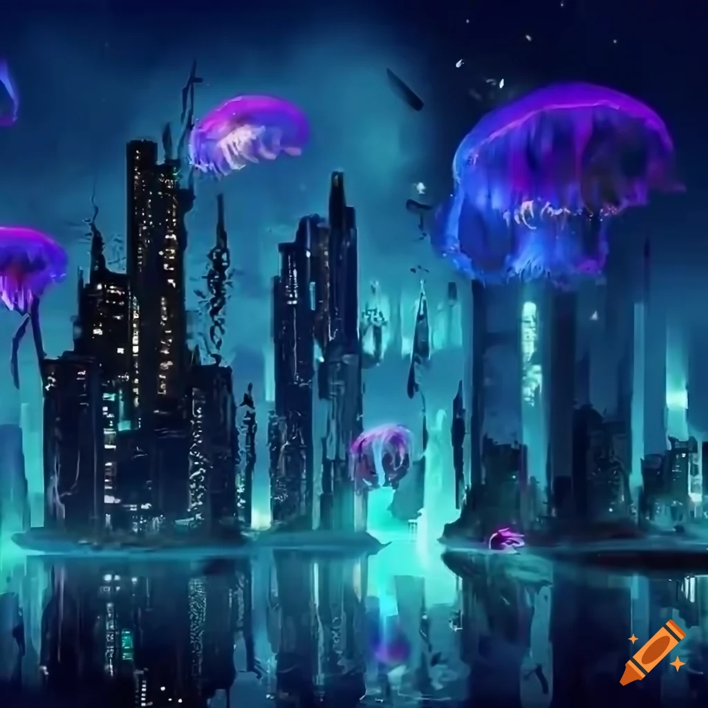 Cybernetically enhanced jellyfish attacking a futuristic city on Craiyon