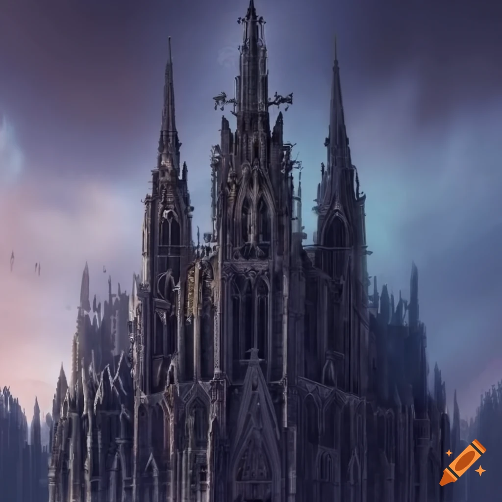 Massive tower on high mountaintop above the clouds in a fantasy setting ...