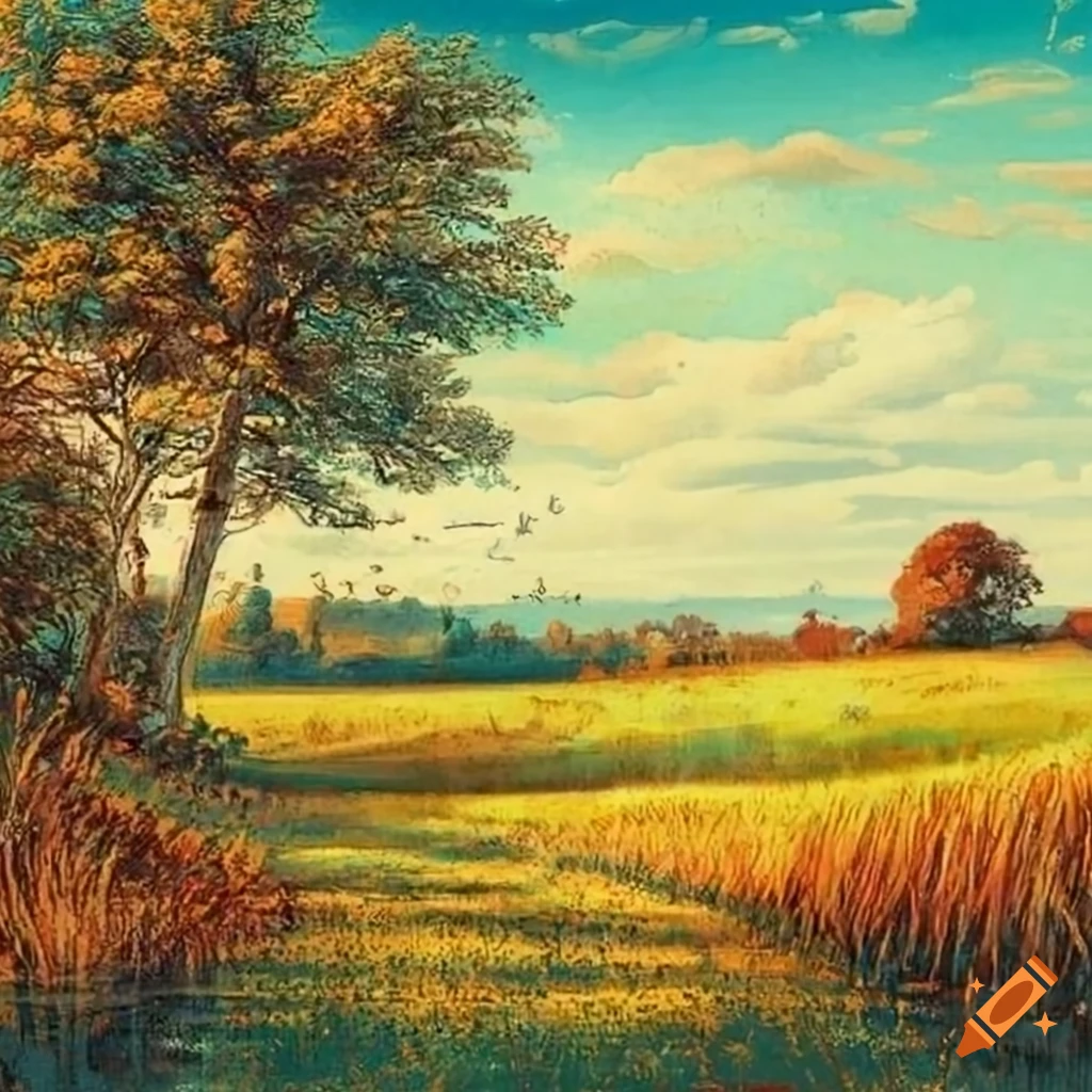 Detailed vintage drawing of a peaceful countryside field