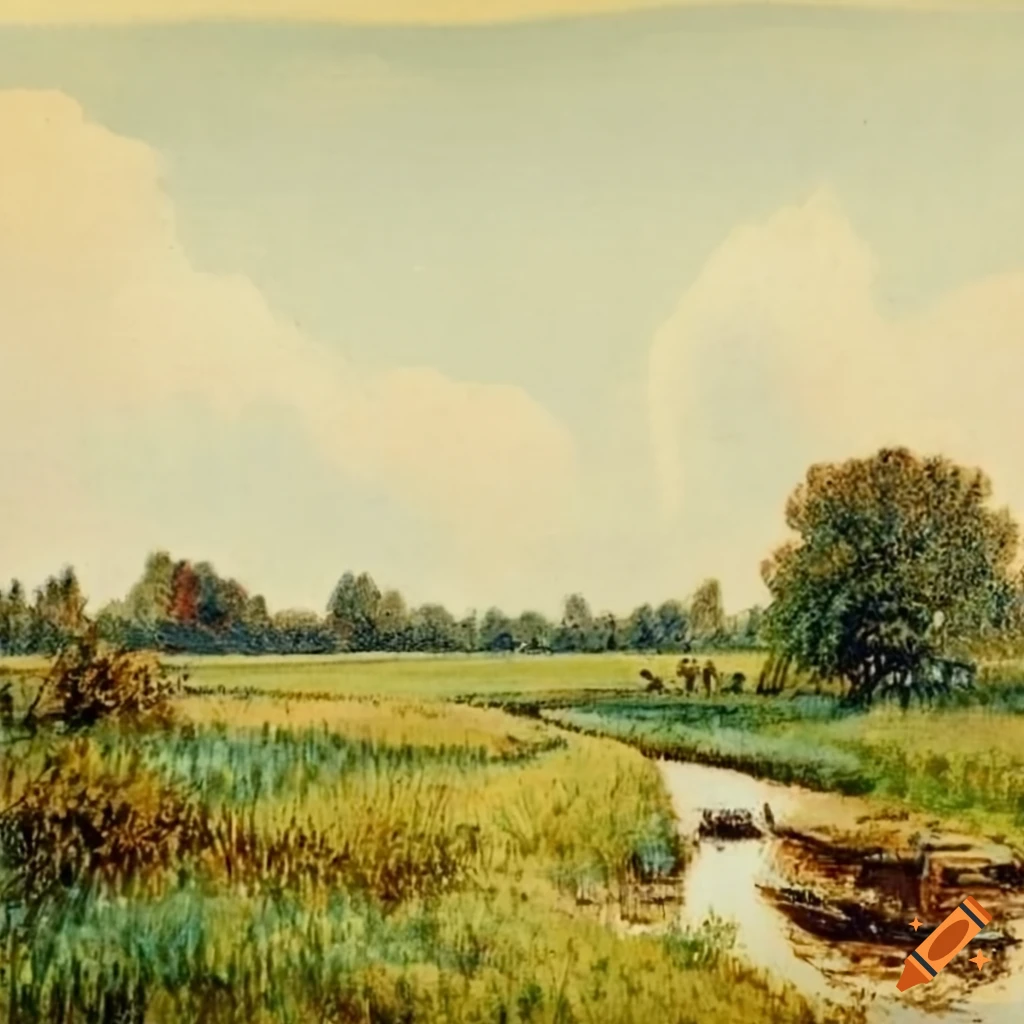 Detailed vintage drawing of a peaceful countryside in holland on Craiyon