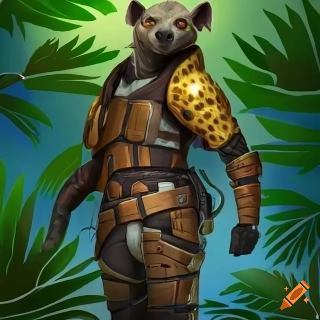 Illustration of humanoid hyena with scifi armor in tropical background ...