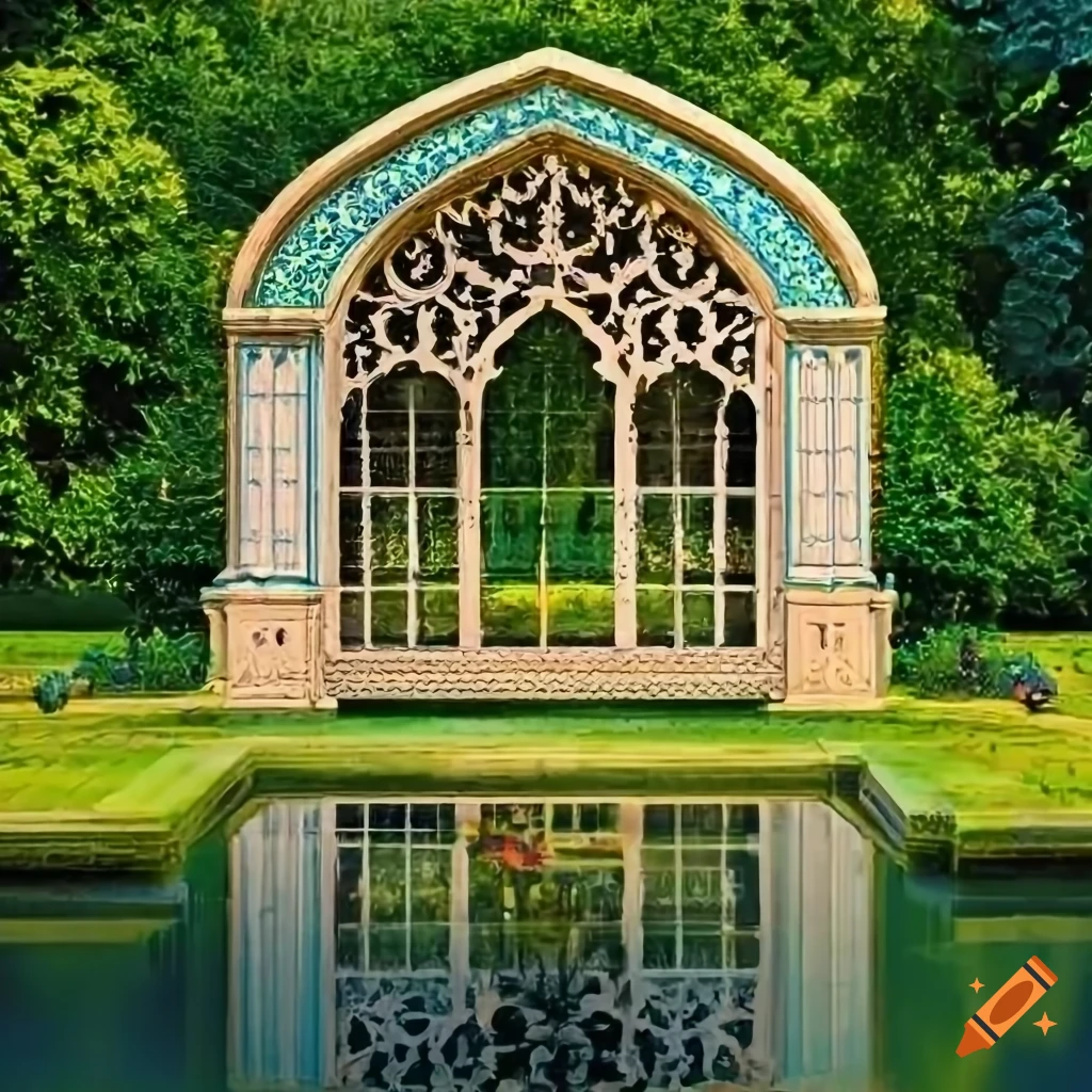 Garden with Islamic Art elements and a pond on Craiyon
