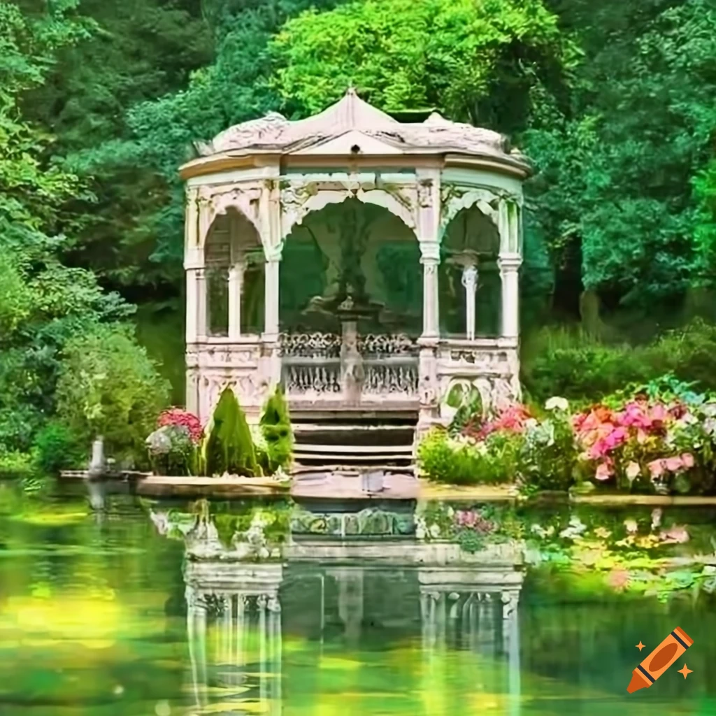 Islamic art-inspired garden with a pond and gazebo on Craiyon