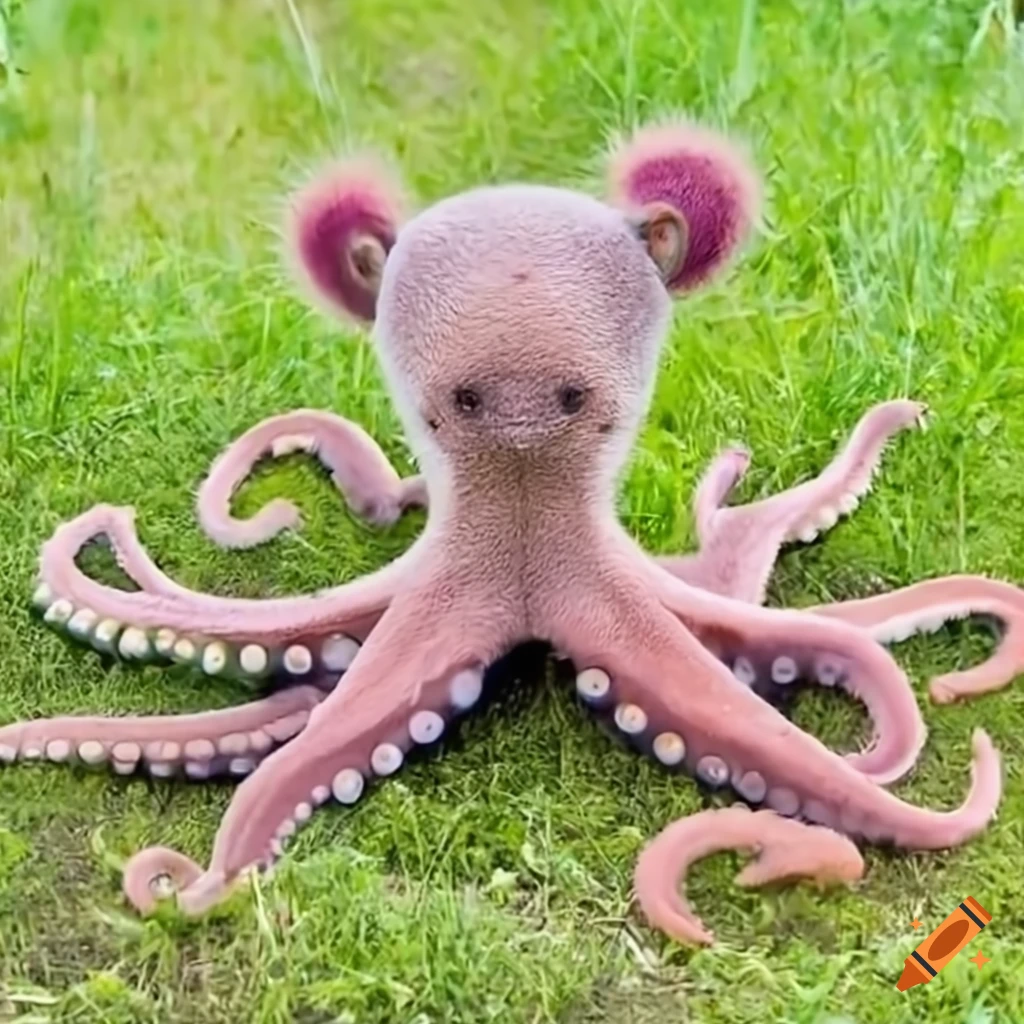 Cute octopus-bear hybrid walking in a grassy field on Craiyon