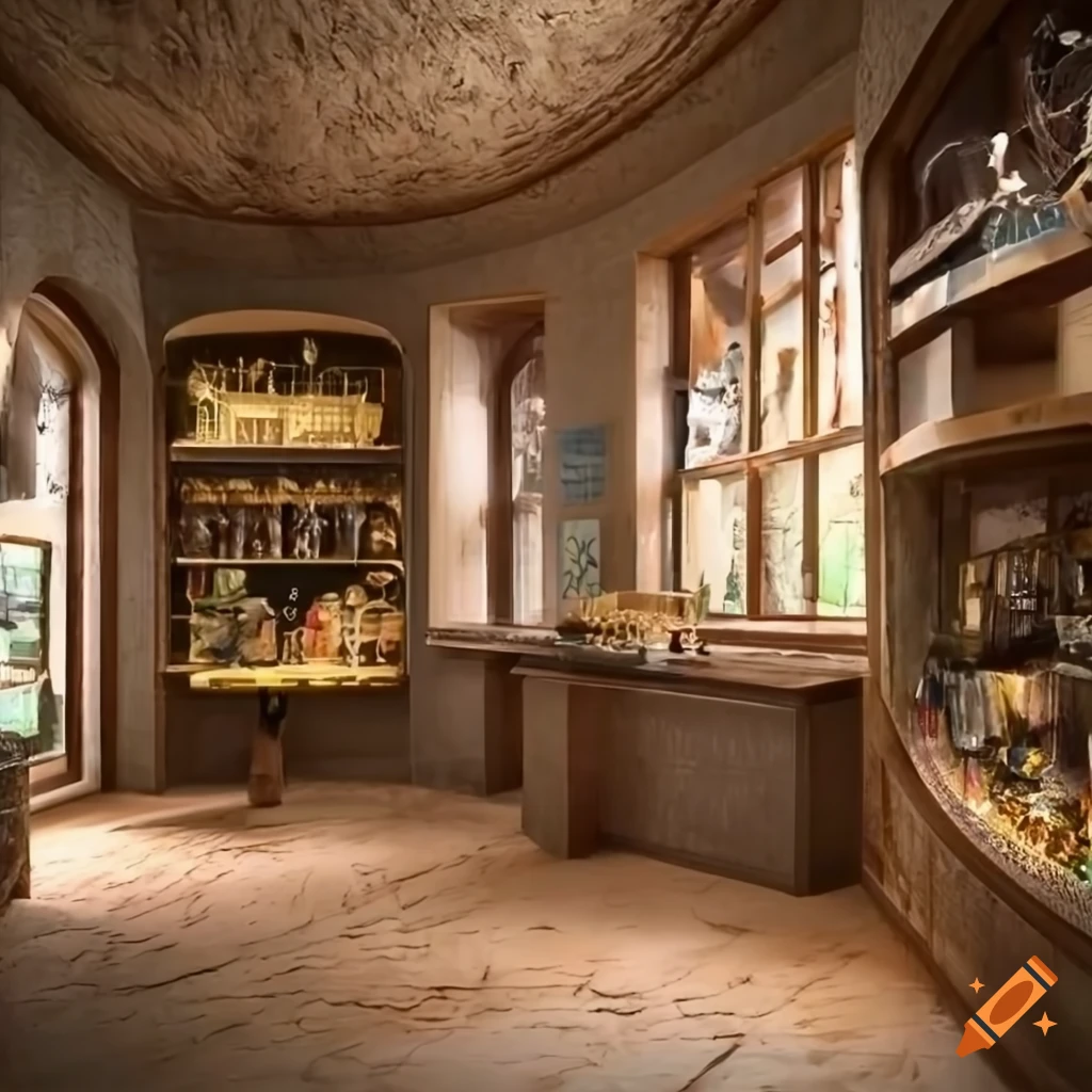 Interior of a museum shop with cave-like ambiance on Craiyon