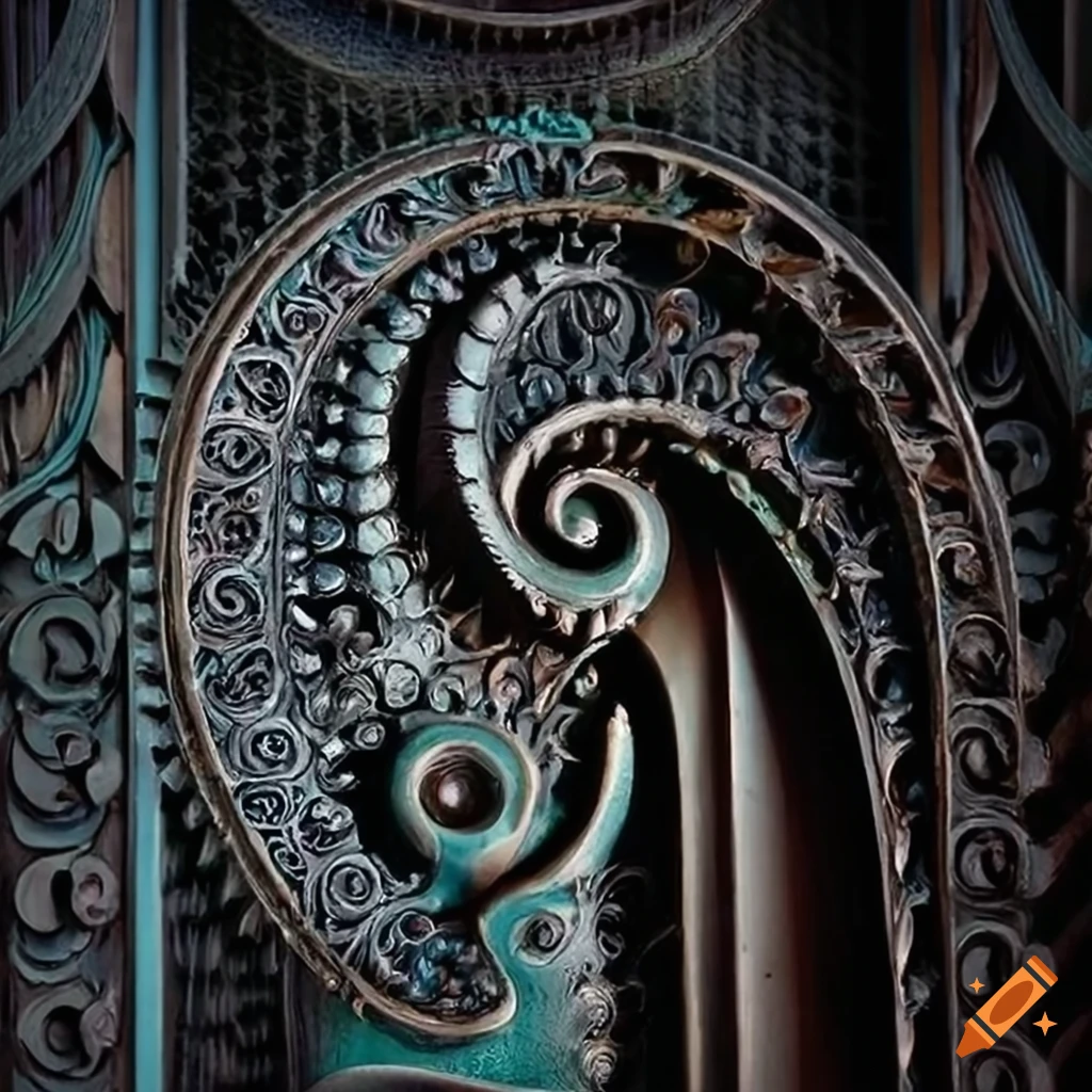 Detailed metalwork sculpture with architectural stave carving style on ...