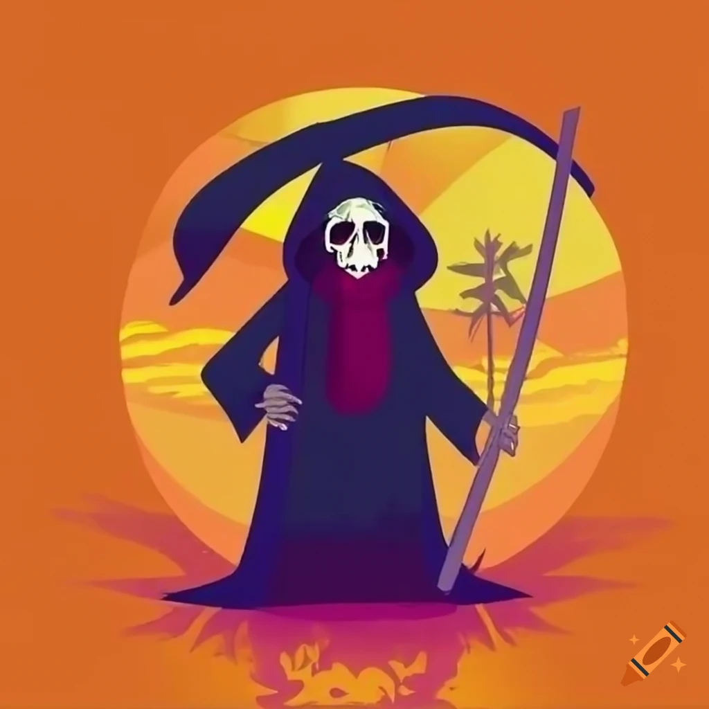 Artistic depiction of the Grim reaper and cannabis in a tropical sunset ...