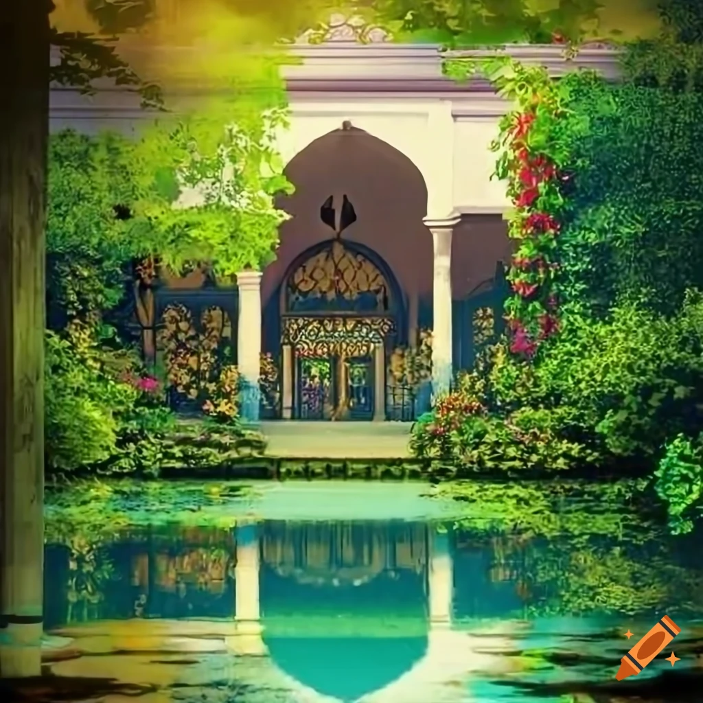 Islamic art balcony surrounded by a lush garden on Craiyon