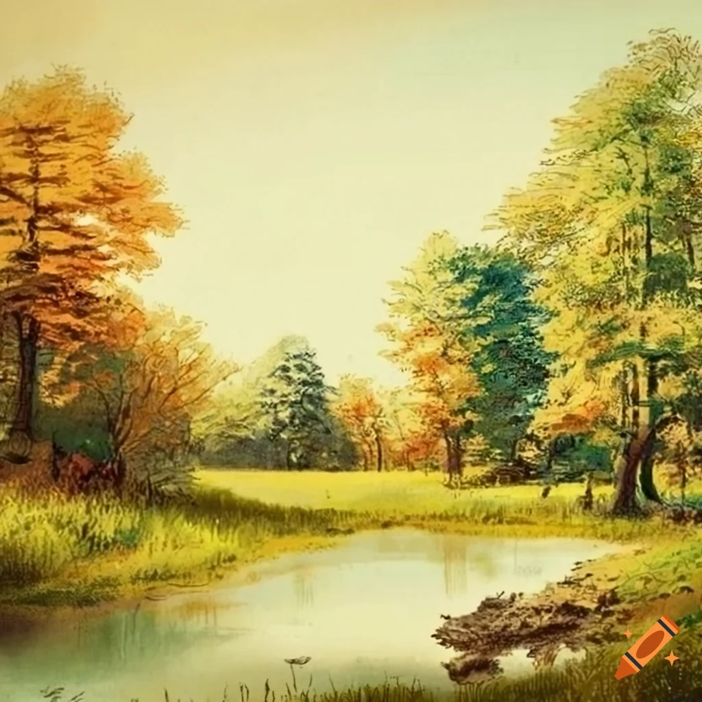 Vintage coloured drawing of a peaceful countryside on Craiyon