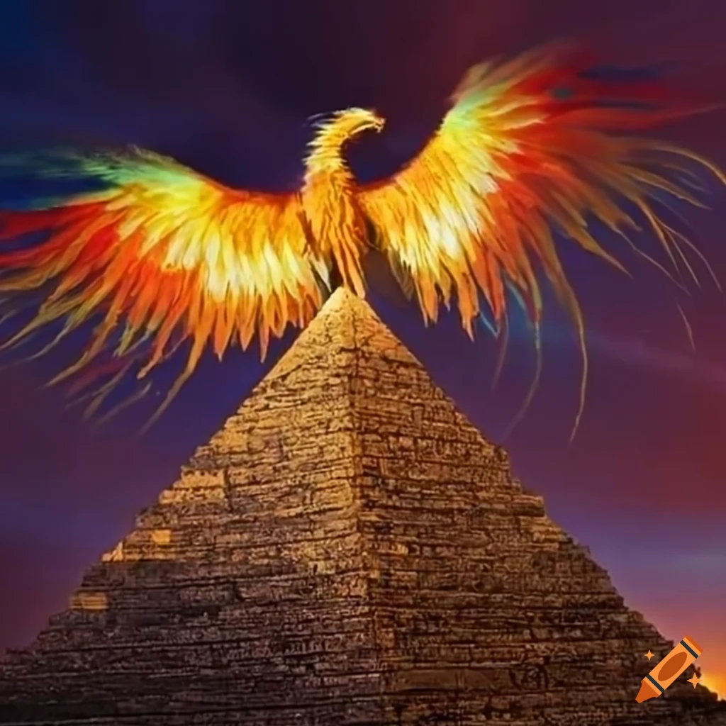 Golden phoenix flying over a city pyramid on Craiyon
