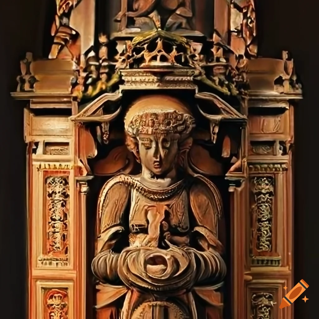 High-definition shrine with tank motif and stave carving style on Craiyon