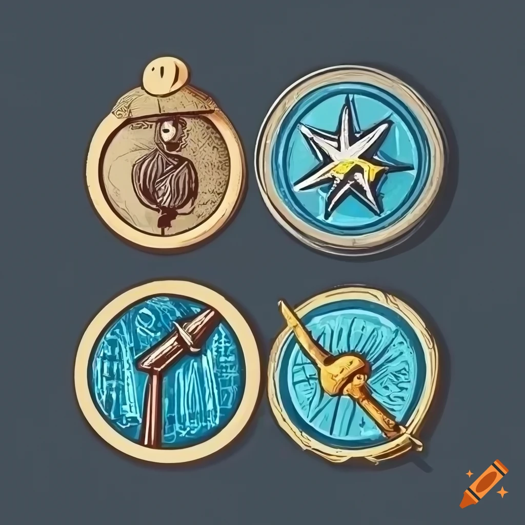 Set of rpg merit badge icons on black background