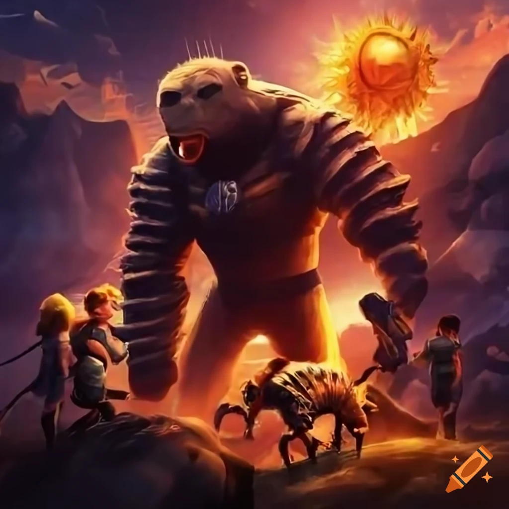 Epic illustration of adventurers fighting a massive bear on Craiyon