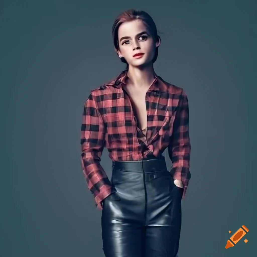 Hyperrealistic photograph of Emma Watson in a plaid shirt and black ...