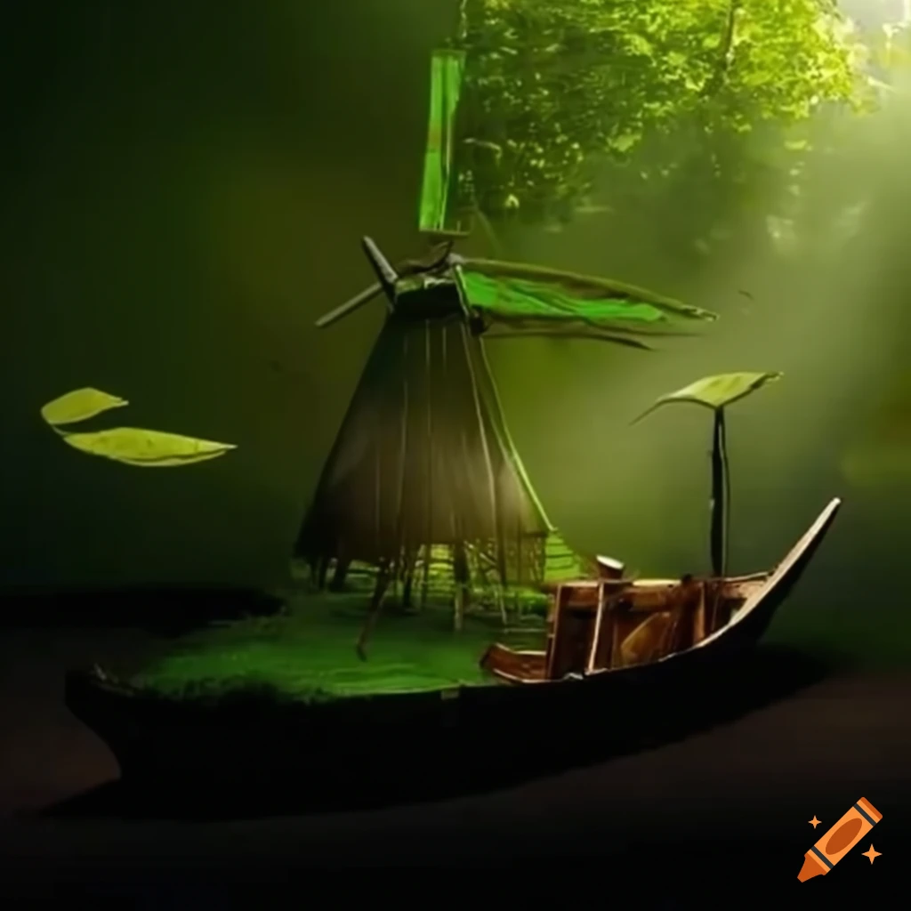 Artistic representation of a boat made from green leaves