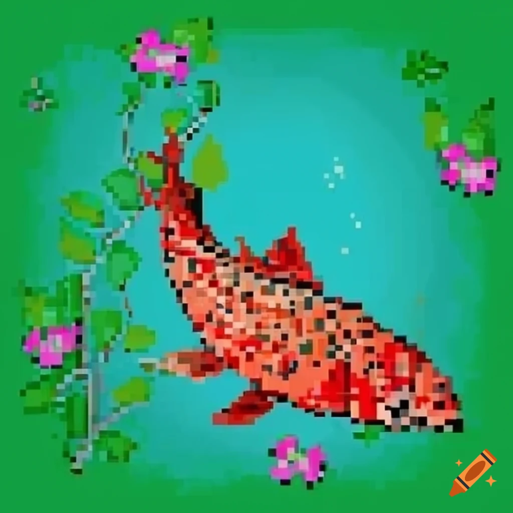 Pixel art of carp surrounded by butterflies and flowers on Craiyon