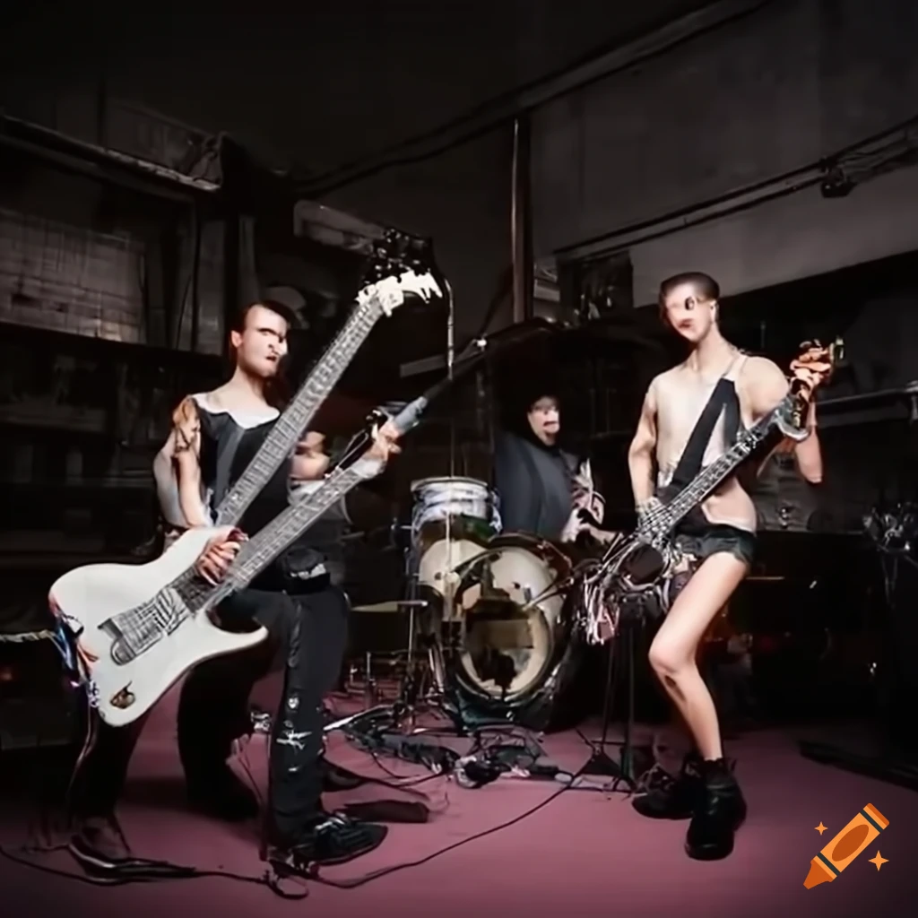 Rock band playing live in a jam factory on Craiyon