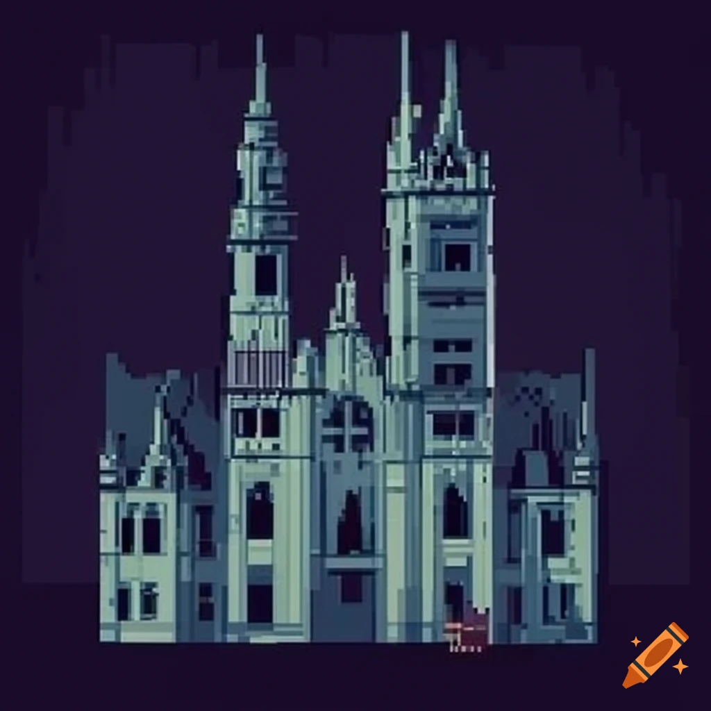 Pixel art of gothic buildings