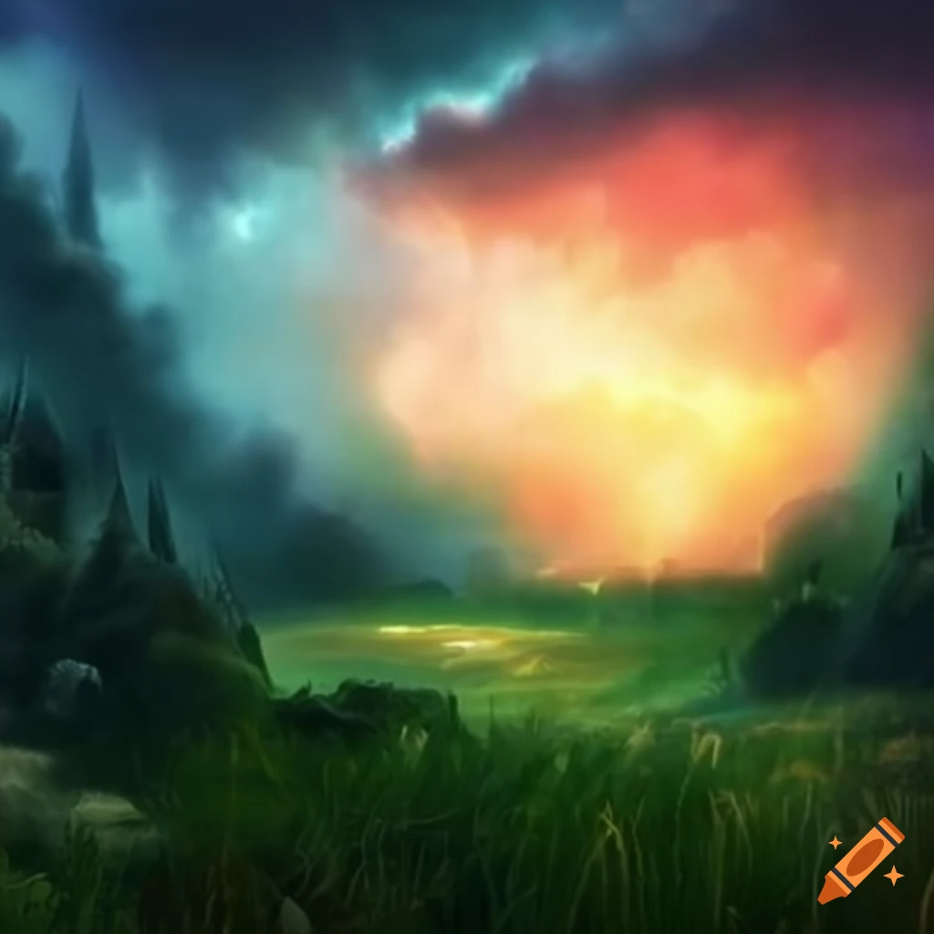 Mysterious sky over a meadow in a fantasy world on Craiyon
