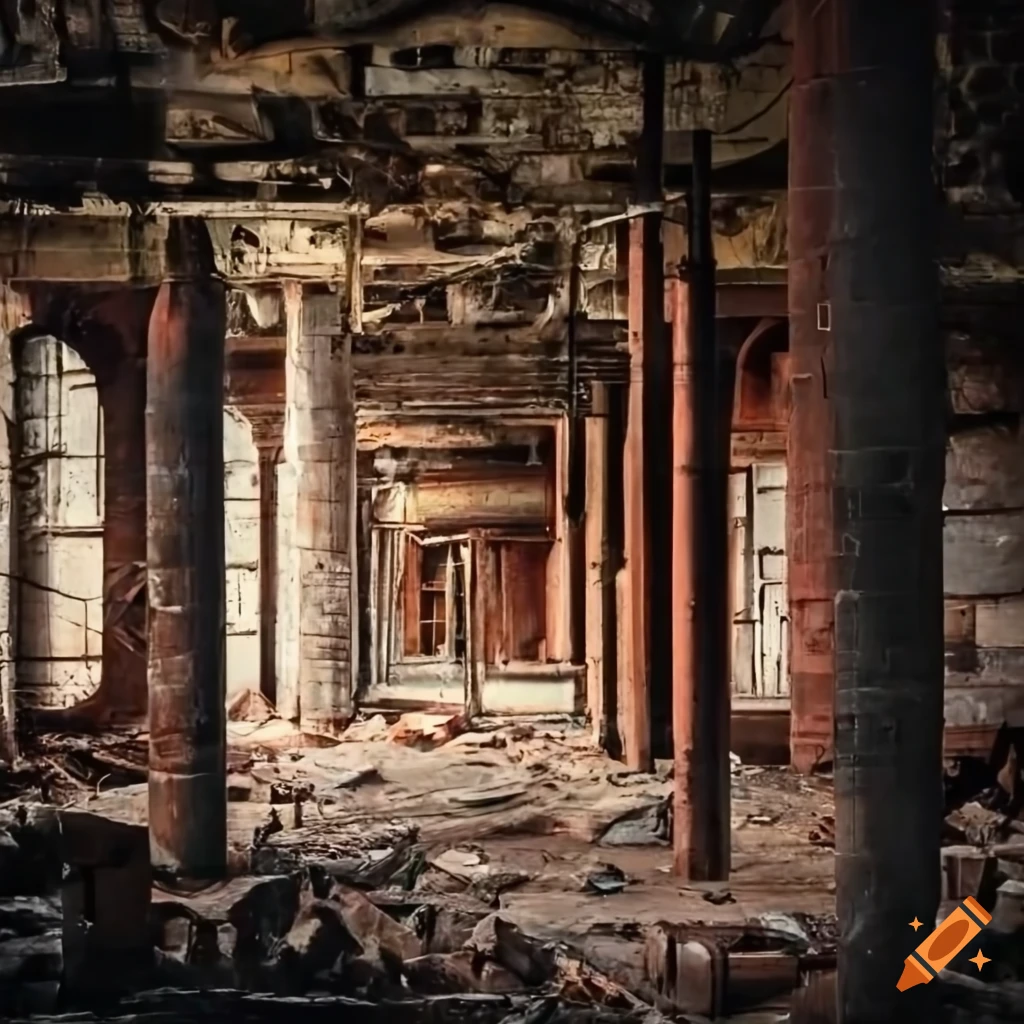Photo inside an abandoned factory with stone and brick structures on ...