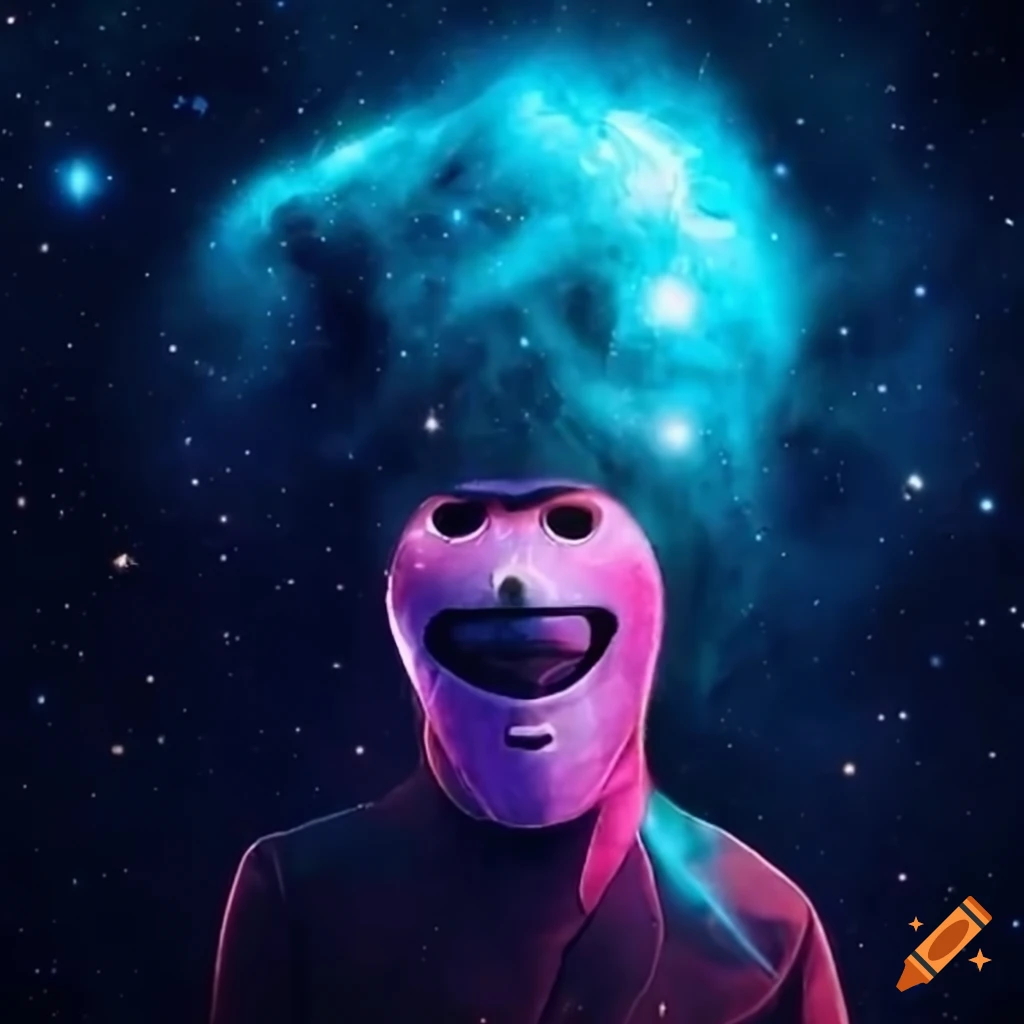 Artist's rendition of a masked male singer in a space nebula on Craiyon