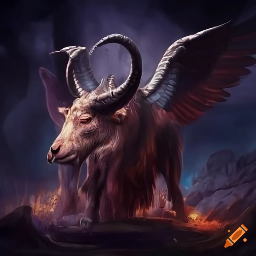 Fantasy artwork of a winged goat on Craiyon