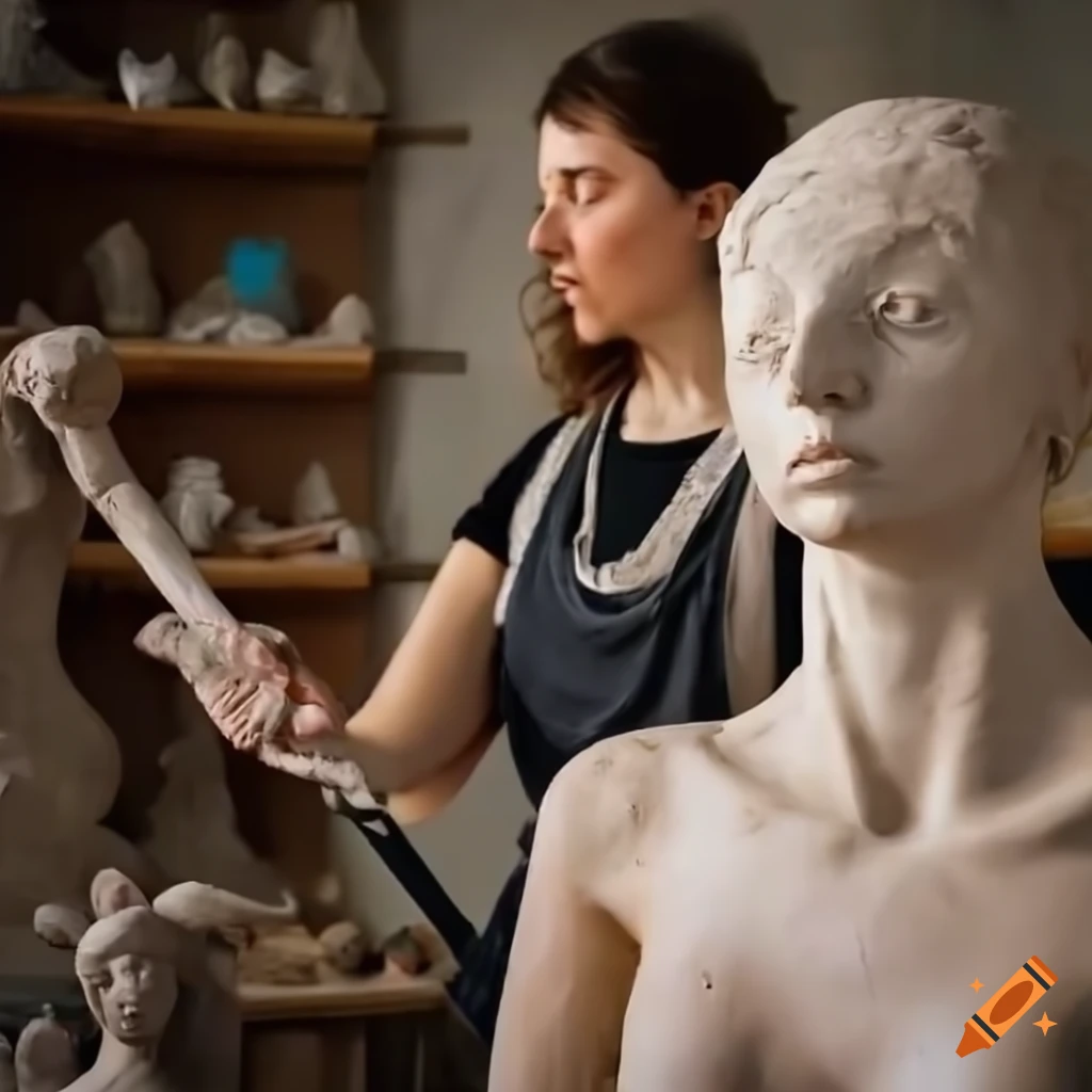 Sculptor creating a clay sculpture in her studio