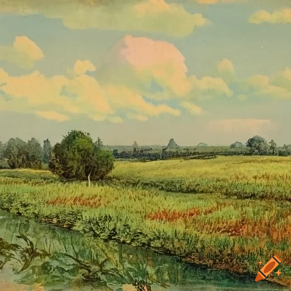 Detailed vintage drawing of a peaceful countryside in holland on Craiyon