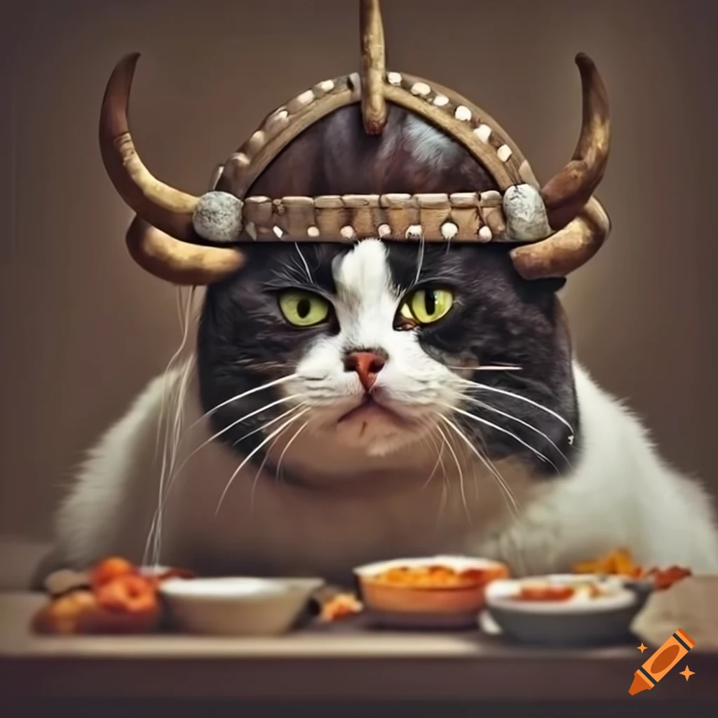 Humorous image of a cat at a viking buffet on Craiyon
