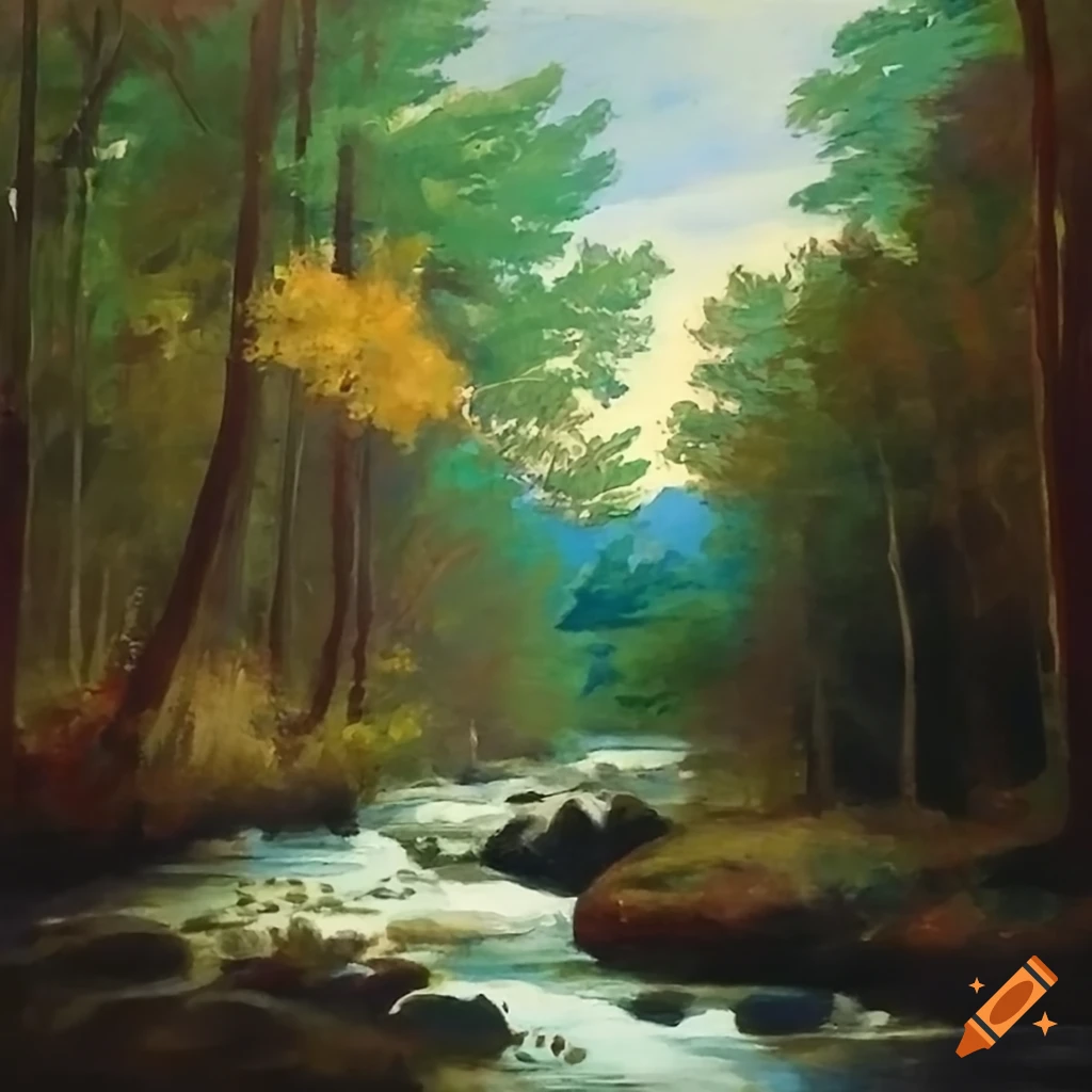 Painting of a serene river flowing through a forest on Craiyon