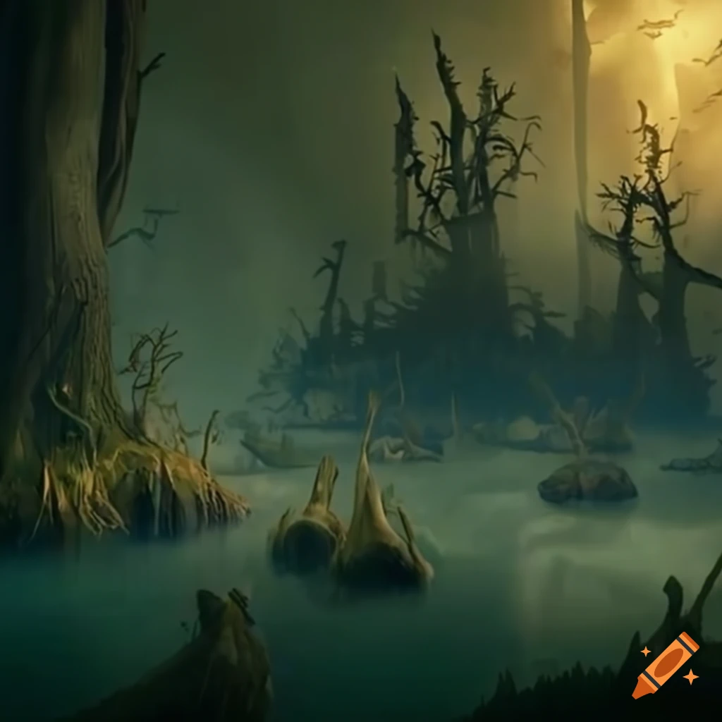 Image of a mysterious swamp surrounded by fire on Craiyon