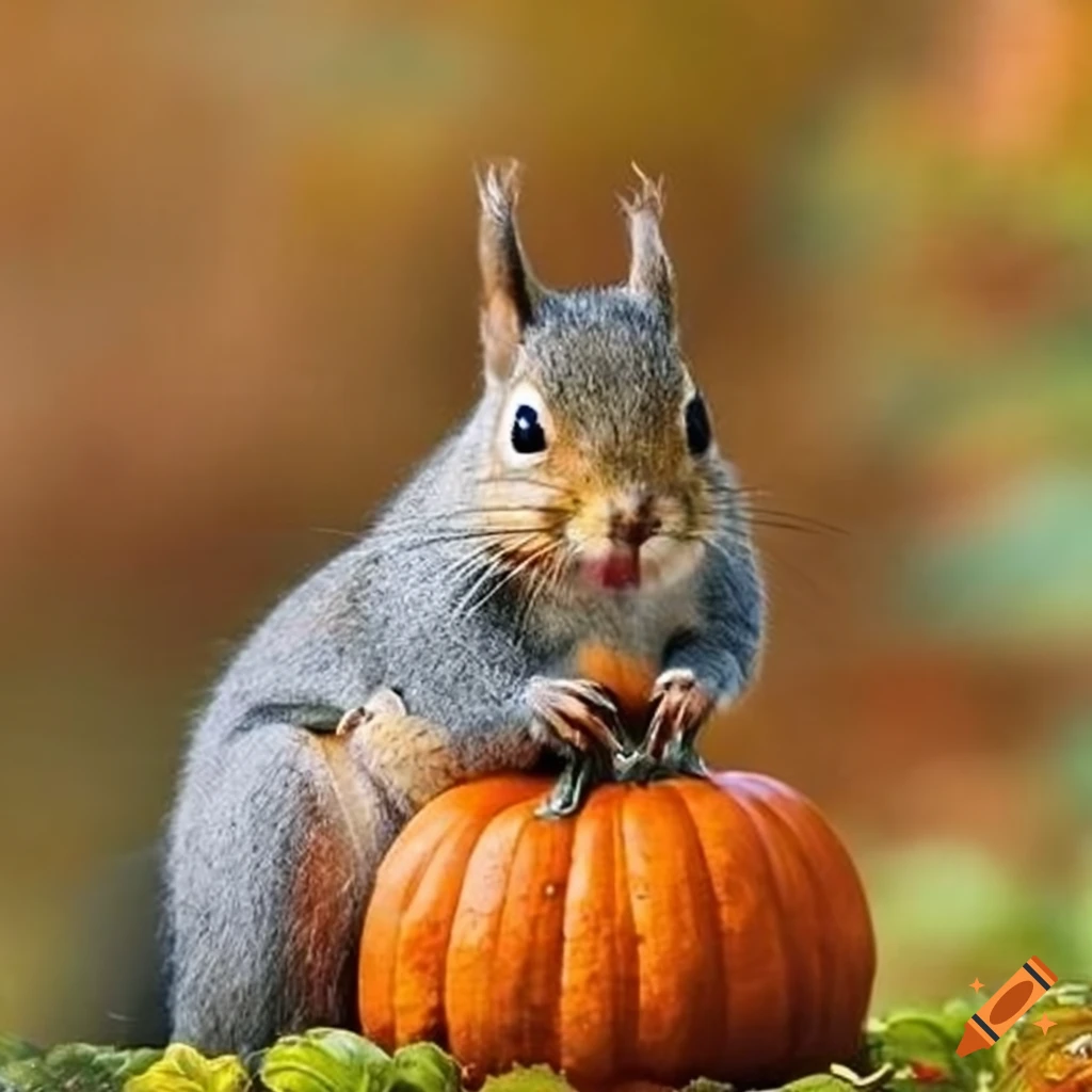 Ink print of squirrels in a pumpkin patch on Craiyon