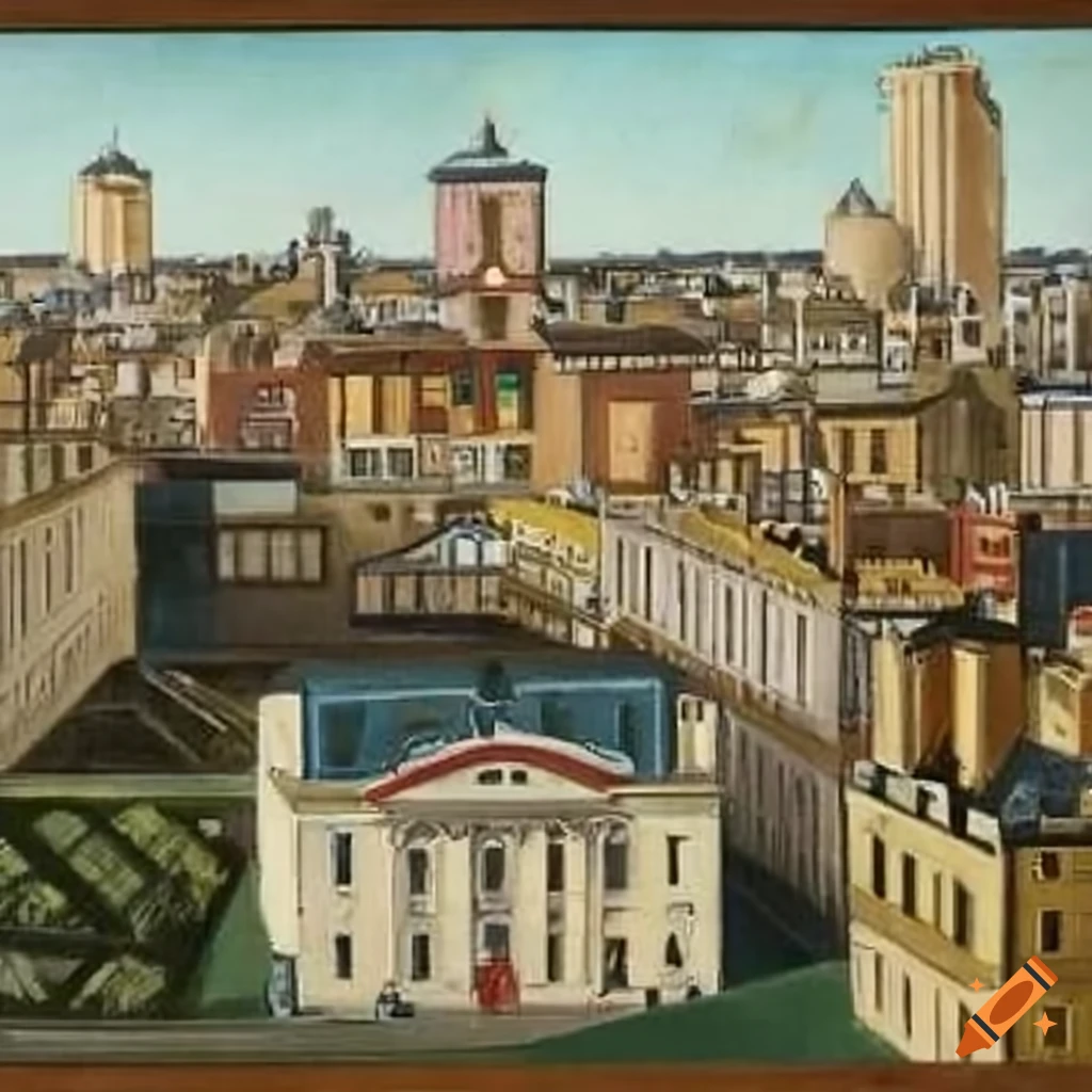 Steampunk city with neoclassical buildings