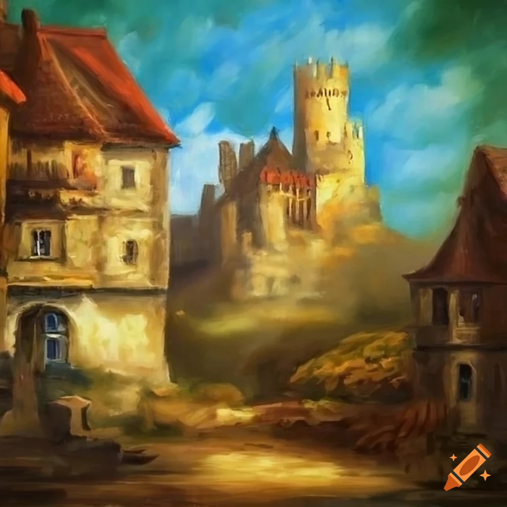 Oil painting of a lively village with a castle on Craiyon